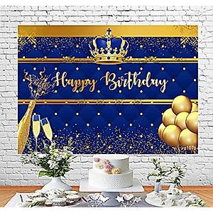 InMemory Royal Blue and Gold Birthday Backdrop for Men Golden Crown Champagne Balloons Happy Birthday Background Boys Womens Bday Party Event Decoration Banner Selfie Photo Booth Supplies Prop 5x3ft