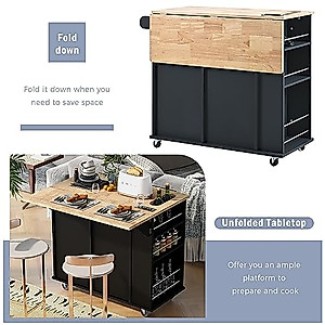 Gustonhon Kitchen Island with Drop Leaf,Dining Table Trolley with Power Outlet and Rubber Wood,Open Storage and Wine Rack,5 Wheels,with Adjustable Storage for Home, Kitchen, and Dining Room (Black)