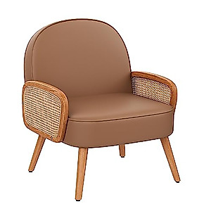 Aklaus Mid Century Modern Accent Chair Armchair with Rattan Arms Upholstered Rattan Boho Accent Chair for Living Room Bedroom Balcony Faux Leather Reading Chairs Side Club Chair Brown