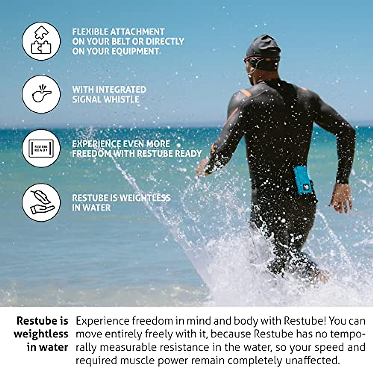Restube Active Swimming Safety Buoy for Adults and Kids - Open Water Swim Buoy to Help Swimmers Stay Afloat - One-Pull Inflatable Mechanism Life Buoy with Whistle