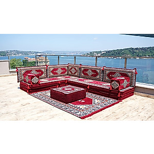 Maroon L Shaped Sectional Sofas, Arabic Sofa Set, Terrace Pallet Sofa, Floor Cushions, Arabic Majlis, Pouffs, Turkish Floor Seating Set (L Sofa + Rug + Ottoman, 8'' Thickness (20 cm))
