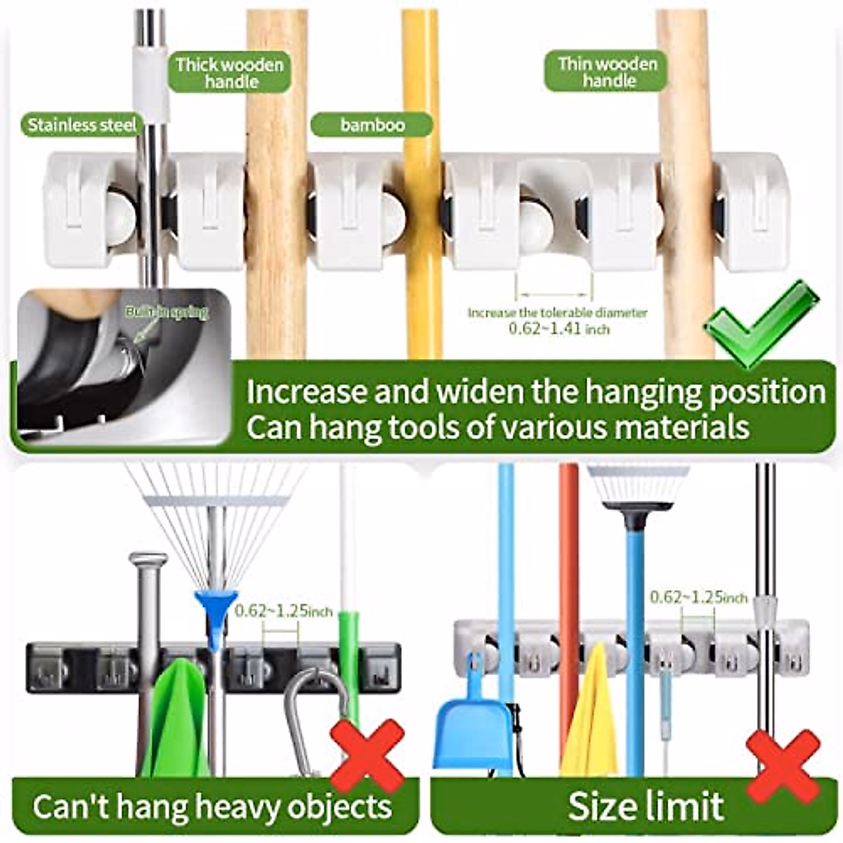 QTJH broom and mop holder wall mounted Storage cleaning Tools Commercial Mop Rack closet organizer tool hanger for Kitchen Garden laundry room and Garage,Handles Up to 1.41-Inches (write, one 5slots)