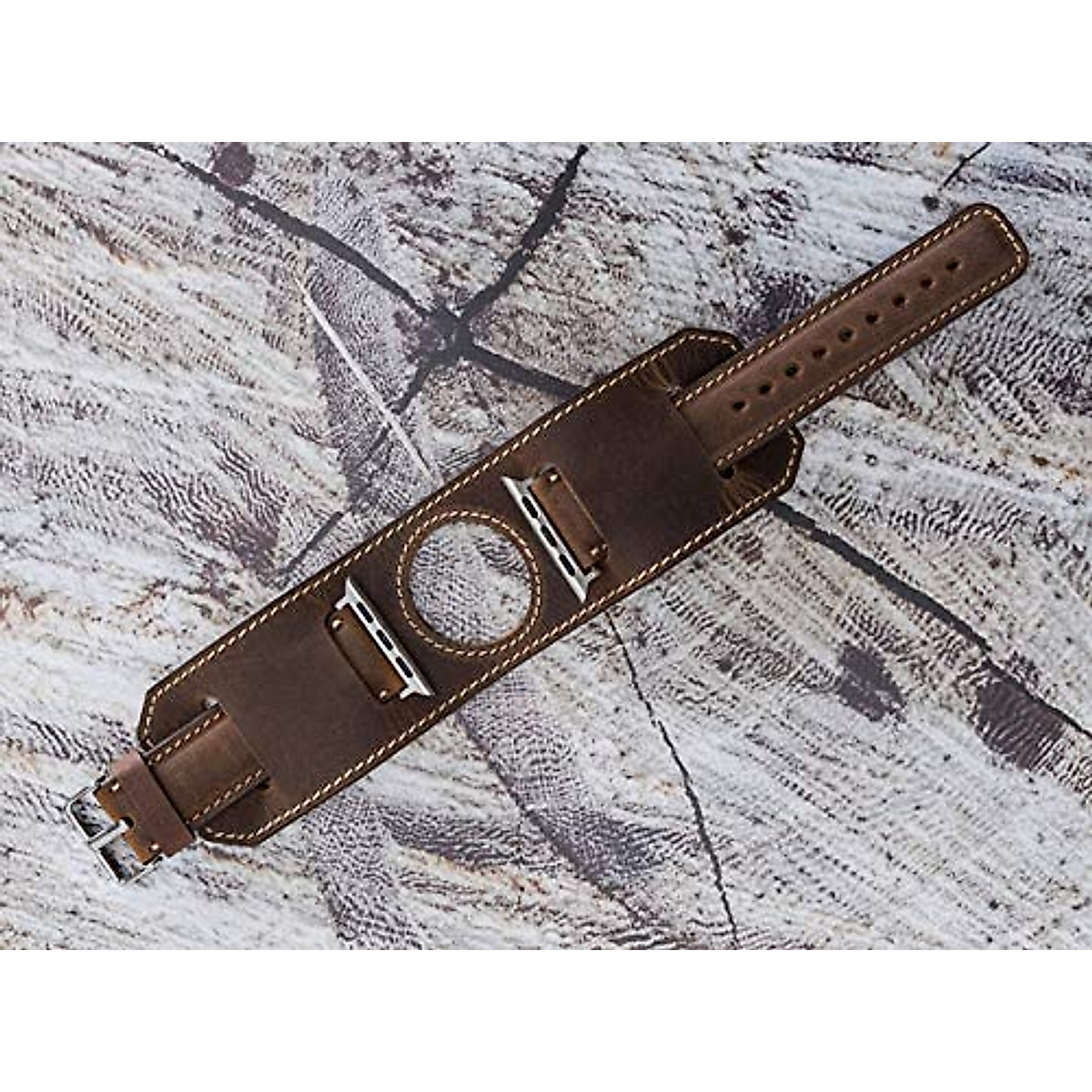 VENOULT Brown iWatch Series 8 Compatible Apple Classic Watch Cuff Bands for Man or Women 45mm, 44mm, 41mm, 40mm, Series 8-1 Dark Brown Genuine Leather Bull Strap, HANDMADE