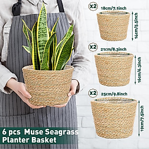Mumufy 6 Pcs Seagrass Planter Basket Flower Pots Cover Plant Baskets Hand Woven Plant Basket Storage Containers with Plastic Liners for Indoor Outdoor Flower Pots Decoration 10, 7, 8.3 Inch(Classic)
