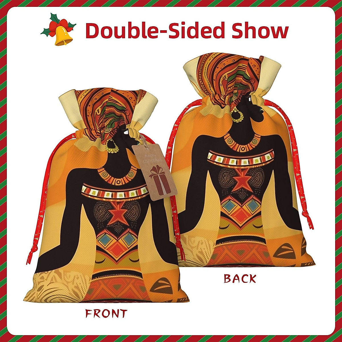 RLDOBOFE Christmas Gift Bags With Drawstring African Woman Christmas Burlap Gift Bag Christmas Drawstring Bag for Halloween Xmas Candy Bags Reusable Xmas Present Bags for Party Decorations Holiday