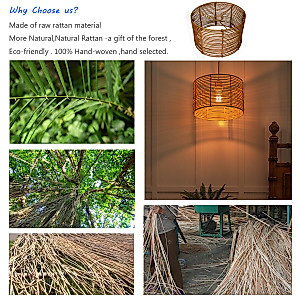 Rattan Drum lamp shades rattan Chandelier Shades Woven Boho Rattan Lampshade Chandelier Shades Pendant light Covers E26 E27 Replacement Table Lamp Floor Lamps Lampshades(Dark Brown)