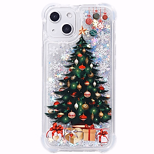 FLOCUTE Glitter Christmas Case Compatible with iPhone 13 Mini Glitter Case Christmas Tree Clear Soft TPU Rubber Bumper Girly Women Cute Liquid Holiday Case for iPhone 13 Mini (Christmas Tree)
