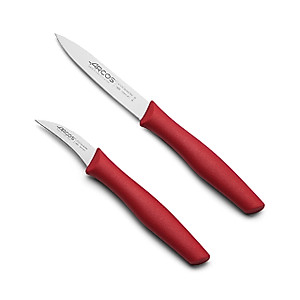 ARCOS Paring Knife Set 2 Pieces. 2 Peeling Knives of Stainless Steel and Ergonomic Polypropylene Handle for Cutting Fruits, Vegetables and Tubers. Series Nova. Color Red
