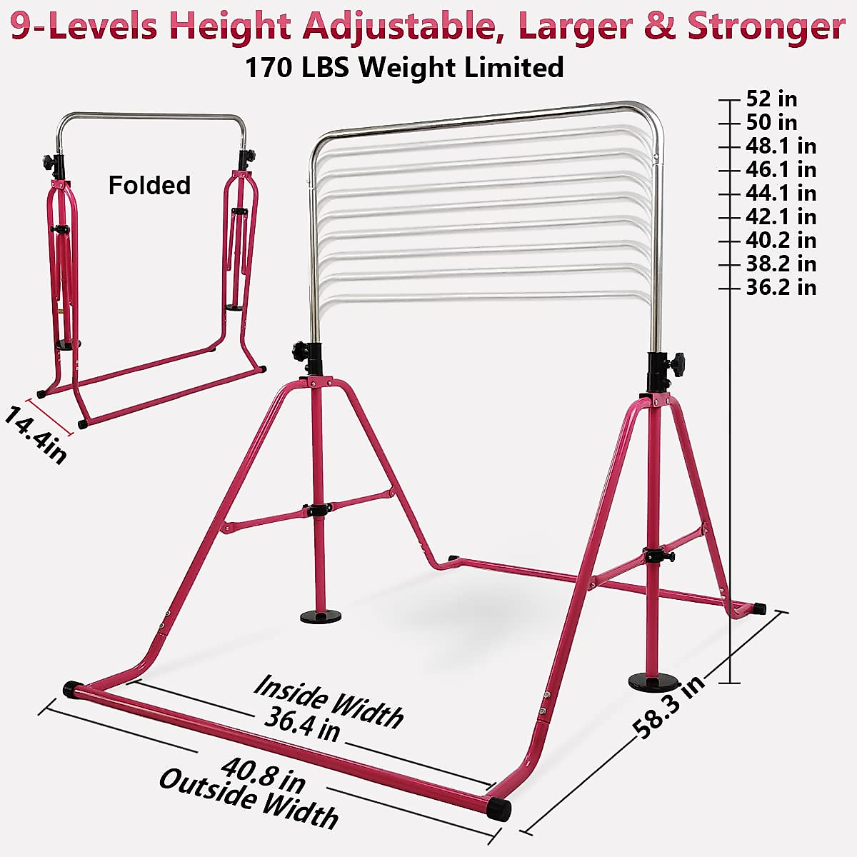 RAVS Gymnastics Bar for Kids with Swing Set Expandable Gymnastics Bars for Home 3' to 5' Adjustable Height Folding Gymnastics Training Bar Max Load 170LBS