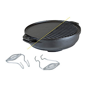 Lodge Cast Iron Cook-It-All Kit. Five-Piece Cast Iron Set includes a Reversible Grill/Griddle 14 Inch, 6.8 Quart Bottom/Wok, Two Heavy Duty Handles, and a Tips & Tricks Booklet.