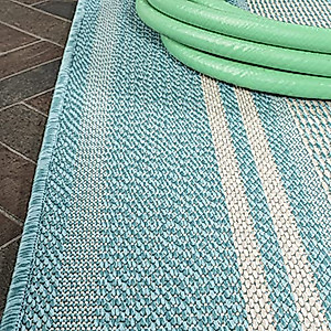 JONATHAN Y SMB202A-4 Haynes Modern Double Stripe Indoor Outdoor Farmhouse Transitional Area Rug,High Traffic,Kitchen,Living Room,Backyard,Non Shedding,4 X 6,Aqua/Beige