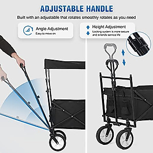 Folding Wagon Collapsible Wagon Garden Cart w/Removable Canopy Universal Wheels for Camping Picnic Outdoor Event,Black