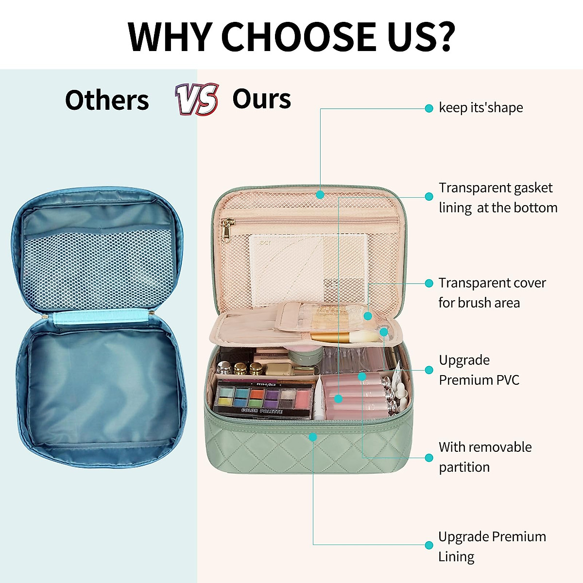 Makeup Bag, Potable Make up Bag Cute Makeup Organizer Bag for Toiletry Cosmetics Accessories with Divider and Brushes Compartments, Makeup Travel Case Cosmetic Bags Women and Girls- Nylon Green