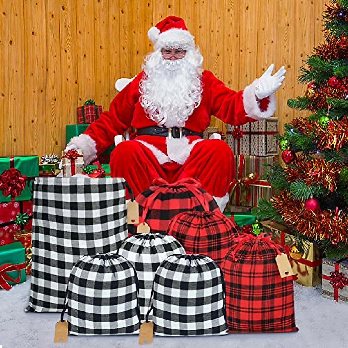YQL Buffalo Plaid Drawstring Bags, 9Pcs Soft Flannel Christmas Gift Bags Assorted Sizes Christmas Fabric Bags Reusable Christmas Gift Bags for Christmas Package Birthday Holiday Party(Red&Black)