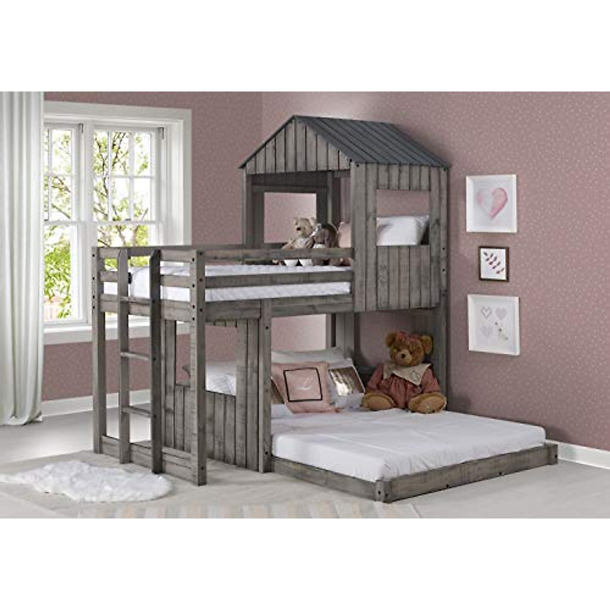 DONCO Kids Campsite Cabin Twin Over Full Loft Bed in Rustic Dirty Grey Finish