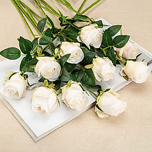 Flojery 10pcs Artificial Rose Flowers Long Stem Fake Silk Roses for DIY Wedding Bouquet Table Centerpiece Home Decor (White)