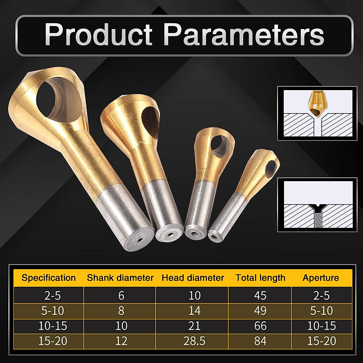 KATUR 4Pcs High Speed Steel Single-End Countersink, Deburring Drill Bit Set for Metal, 90 Degree Point Angle, 6/8/10/12mm Round Shank, 2-5, 5-10, 10-15, 15-20mm 4 Sizes Head Diameter(Gold)
