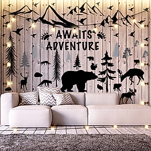 4 Sheets Mountain Wall Decal Rustic Nursery Wall Decals Dreamy Forest with Pine Tree Deer Peel and Stick Inspirational Quote Wall Stickers DIY Wall Decals for Kids' Room (Black,19.69 x 15.75 Inches)