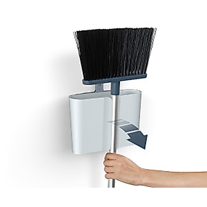 Joseph Joseph CleanStore Wall-Mounted Adjustable Long Handle Broom Sweeper with Dust-Shield Storage, Indoor Sweeping Floor Brush with Soft Bristles and Comb