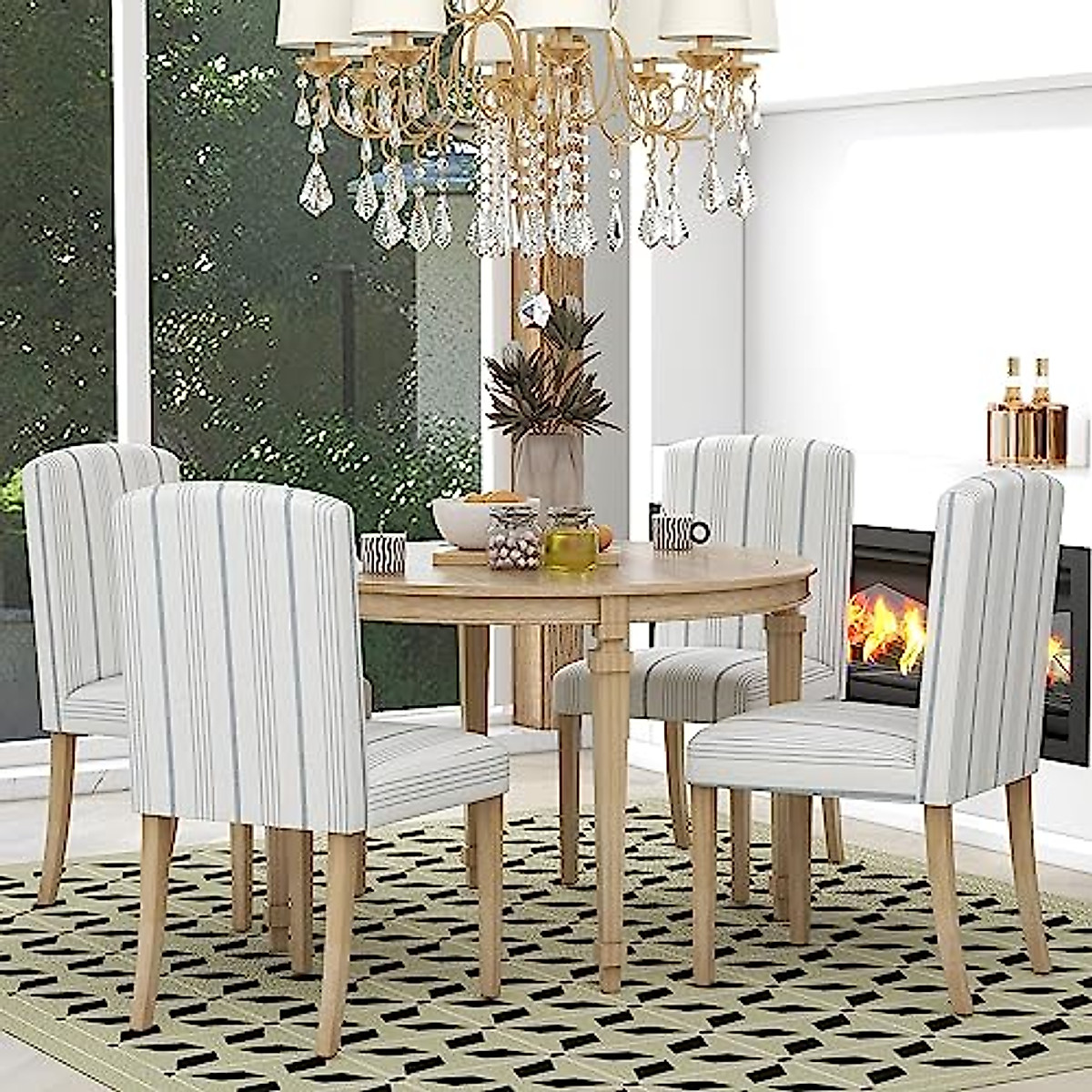 Merax Round Dining Room Table and Chairs Set of 4 Farmhouse Rustic Round Dining Table Set 5 Piece Wood Kitchen Table and 4 Upholstered Chairs with Striped Fabric for Dining Room