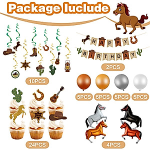 60PCS Cowboy Birthday Party Decoration Include 40 Inch Horse Shaped Foil Balloons Little Cowboy Happy Birthday Banner Cake Topper Hanging Swirls 12 Inch Latex Balloons for Western Party (Retro Style)