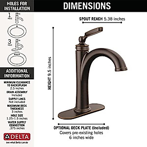 Delta Faucet Woodhurst Oil Rubbed Bronze Bathroom Faucet, Single Hole Bathroom Faucet, Single Handle Bathroom Sink Faucet, Diamond Seal Technology, Drain Assembly, Venetian Bronze 532-RBMPU-DST