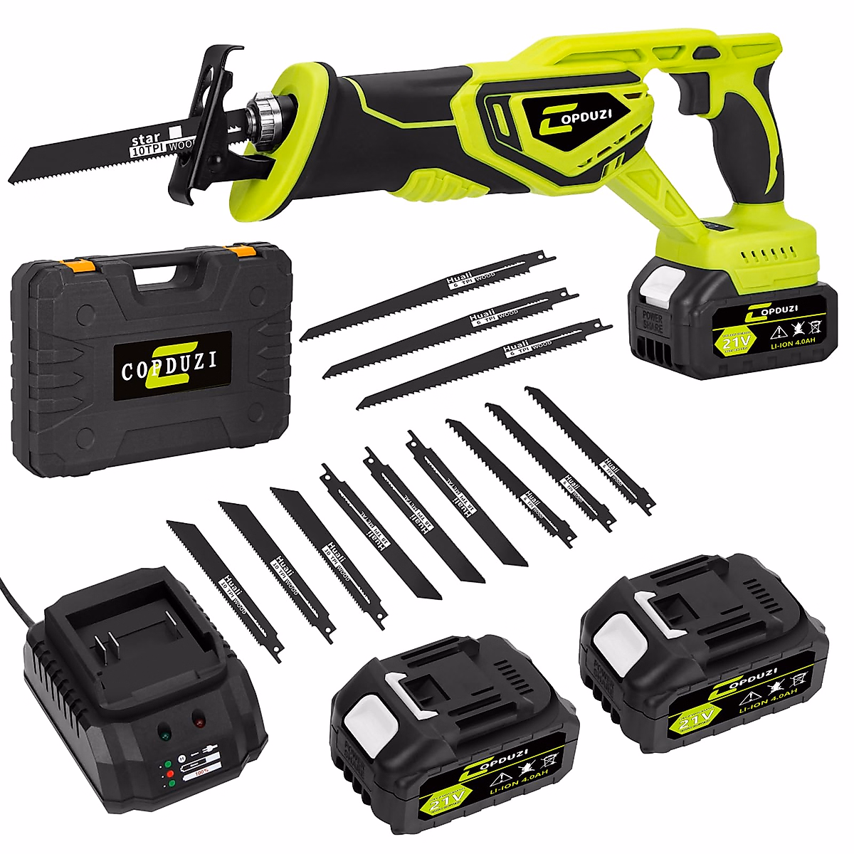 COPDUZI Cordless Reciprocating Saw,Brushless Cordless Saws With 21V 4.0Ah Battery Powered Electric, 0-3500SPM Variable Speed,12 Saw Blades Kit for Wood/Metal/PVC Cutting Included