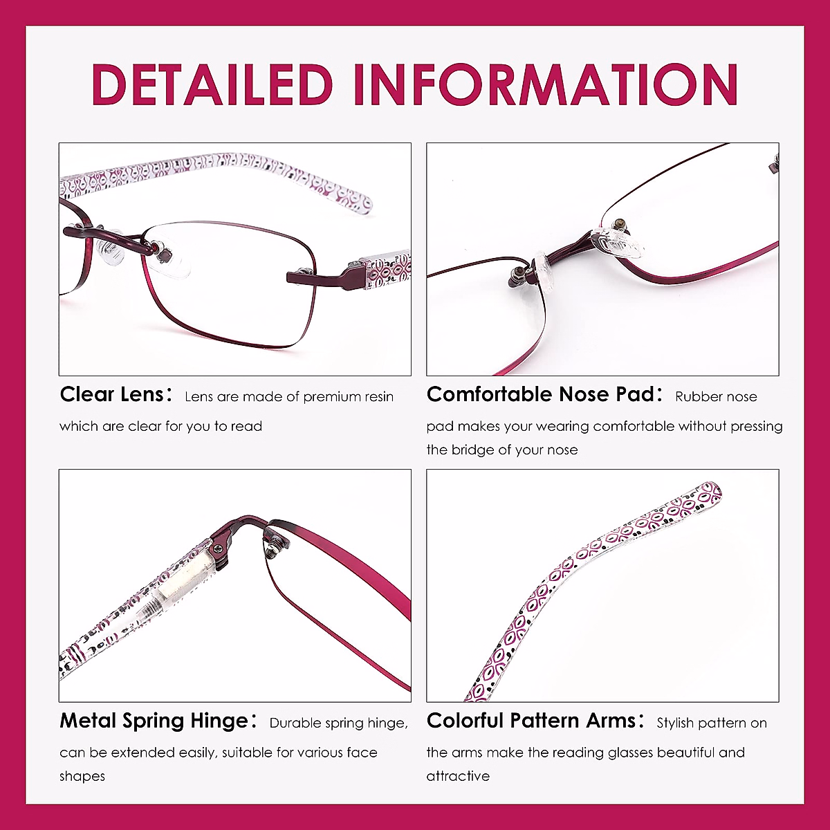 LOVIVY 3 Pack Rimless Reading Glasses for Women Blue Light Blocking Readers Tinted Edge Spring Hinge Pattern Print Arm Eyeglasses Mix 2.50