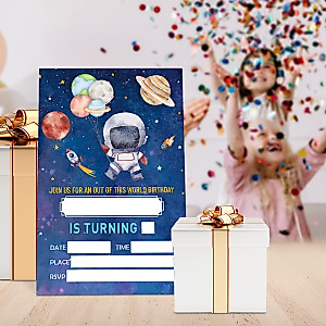 UDNADKEX Birthday Invitations for Boy Space with Envelopes, Invites for Birthday Party Galaxy Planets Rocket Ship, Astronaut Birthday Party Invite Cards, Out of This World, 4"x6" Set of 20