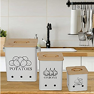 Gdfjiy Kitchen Canisters Set, Storage Bin for Potato Onion & Garlic, 3 Pack Set Countertop Pots Containers with Wooden Lid - Potato Storage, Garlic Bin, Onion Keeper Tin with Aerating Holes-White