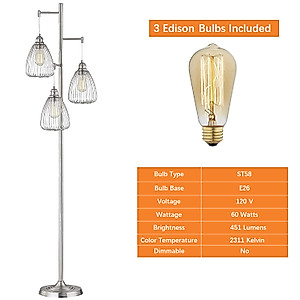 Floor Lamp, Industrial Rustic Standing Lamp with 3 Elegant Teardrop Cage Shade, Modern Tall Floor Lamps for Living Room with 3 Edison Bulbs, Minimalist Pole Floor Light for Home Office - Chrome