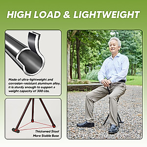 Doctor.Roo Walking Cane with Seat, Lightweight Walking Stick for Seniors, Anti-Slip Sturdy Seat Cane, While Walking and Convenience for Sitting