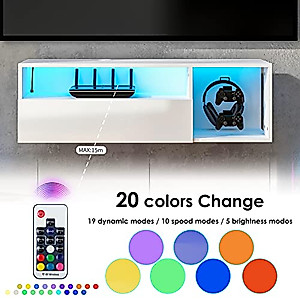 SogesPower Floating TV Stand Wall Mounted with Lights,LED TV Stand Floating Entertainment Center with Storage for Bedroom Living Room,Modern Floating Shelf for Under TV,White 40"