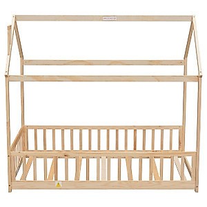 MERITLINE Twin Size Floor Bed for Kids, Wooden Twin Montessori Floor Bed Frame with Rails and Slats, Twin House Bed for Kids, Girls & Boys, Natural