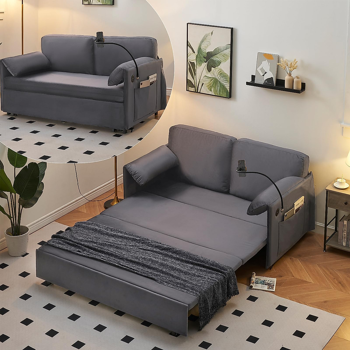63.8" Queen Sleeper Sofa Bed,3-in-1 Convertible Sofa Bed with Phone Holder,USB Port,Velvet Pull Out Bed with Side Storage,Recliner Loveseat Sofa for Living Room,Small Space (Gray)
