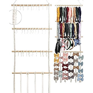 MoHern Headband Bow Holder Organizer for Girls, Baby Hair Bows Hanger with 30 Hooks, Hair Clip Accessories Storage Macrame Rack Boho Wall Hanging Decor for Nursery Room
