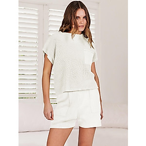 ANRABESS Women's Two Piece Summer Outfits Knit Sweater Short Sets Pullover Tops & Shorts Lounge Matching Clothes Set White X-Large