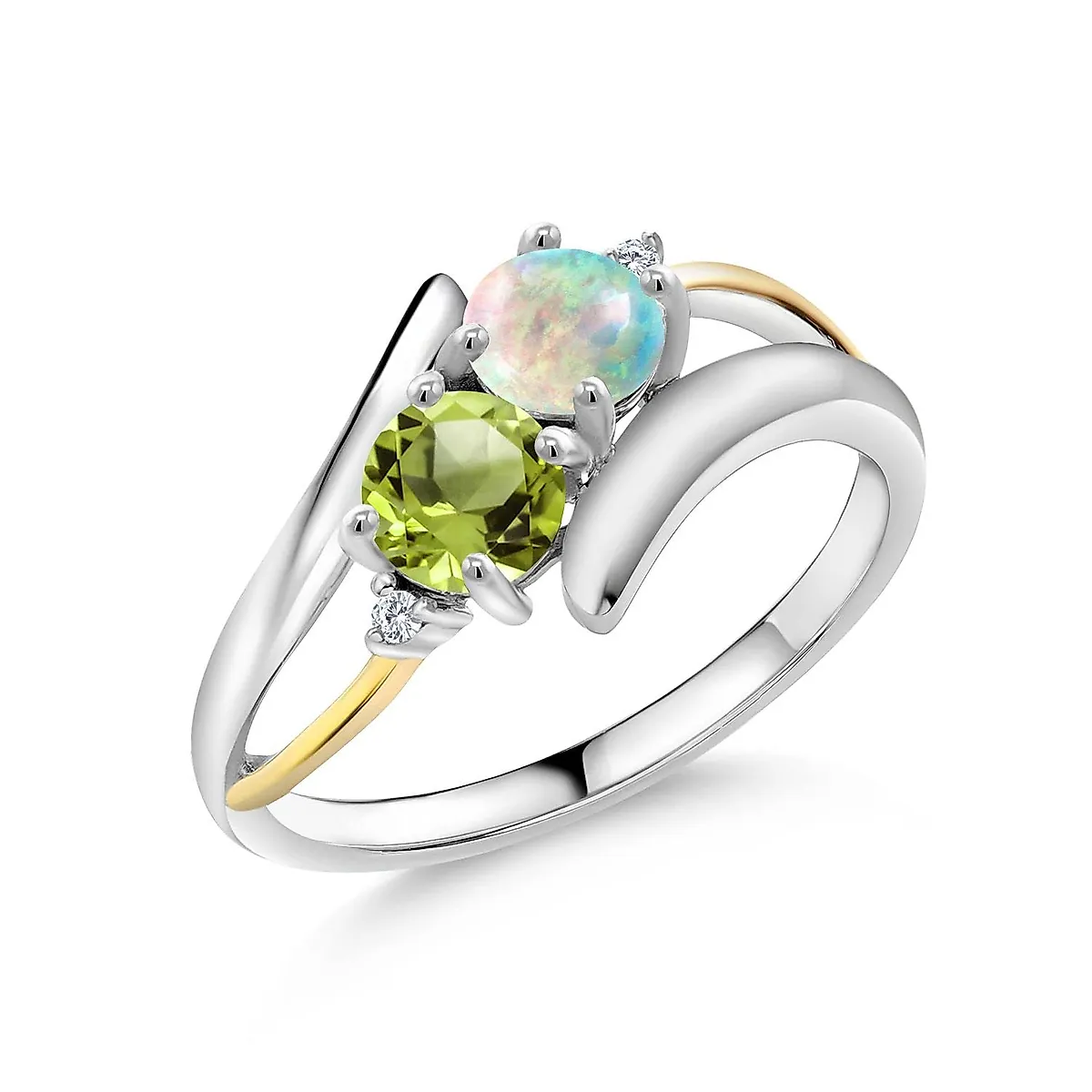 925 Sterling Silver and 10K Yellow Gold Round Cabochon White Simulated Opal Green Peridot and Lab Grown Diamond 2 Stone Crossover Ring For Women (1.07 Cttw, Available 5,6,7,8,9) (Size 9)