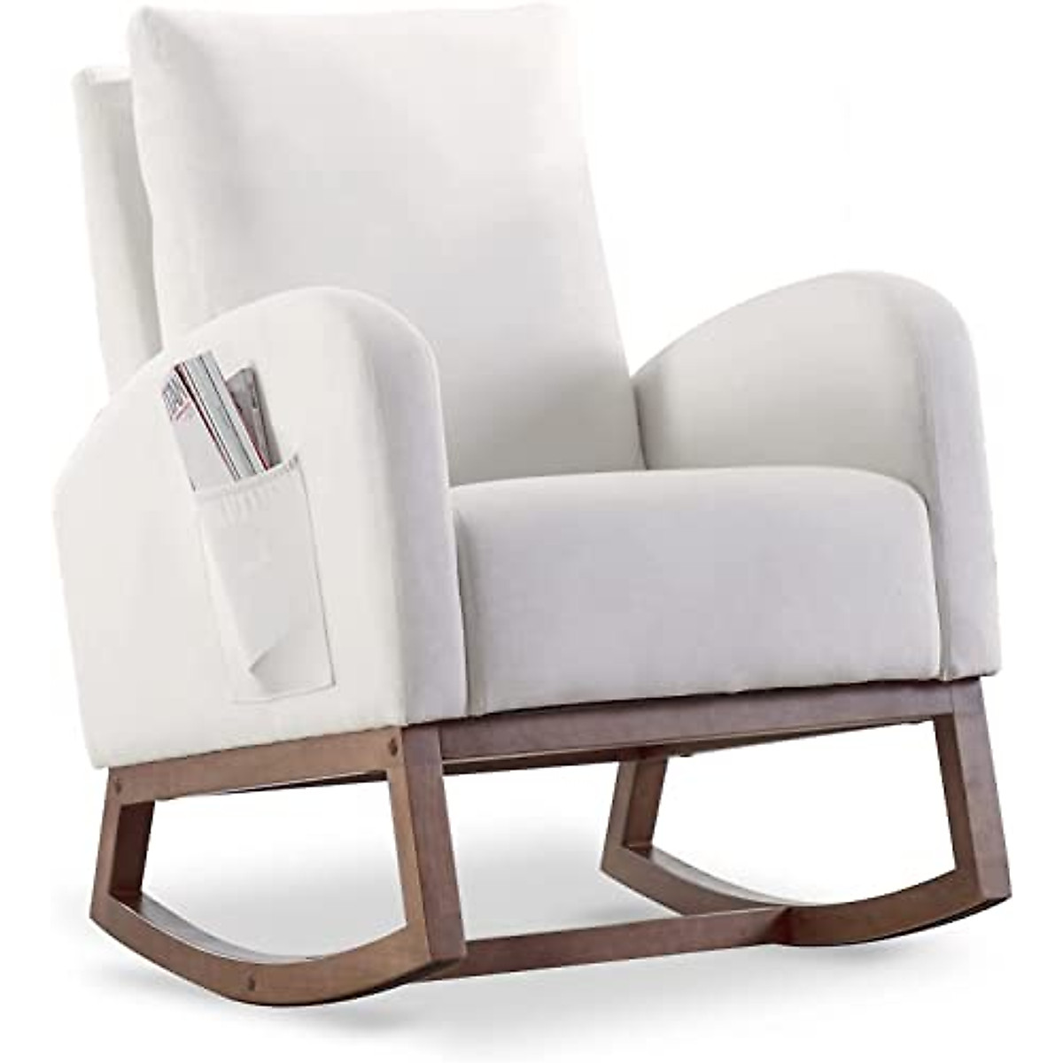Belandi Rocking Chair Nursery, Velvet Nursery Glider Upholstered Accent Rocker Armchair with Side Pocket for Living Room Bedroom Offices (Cream White)