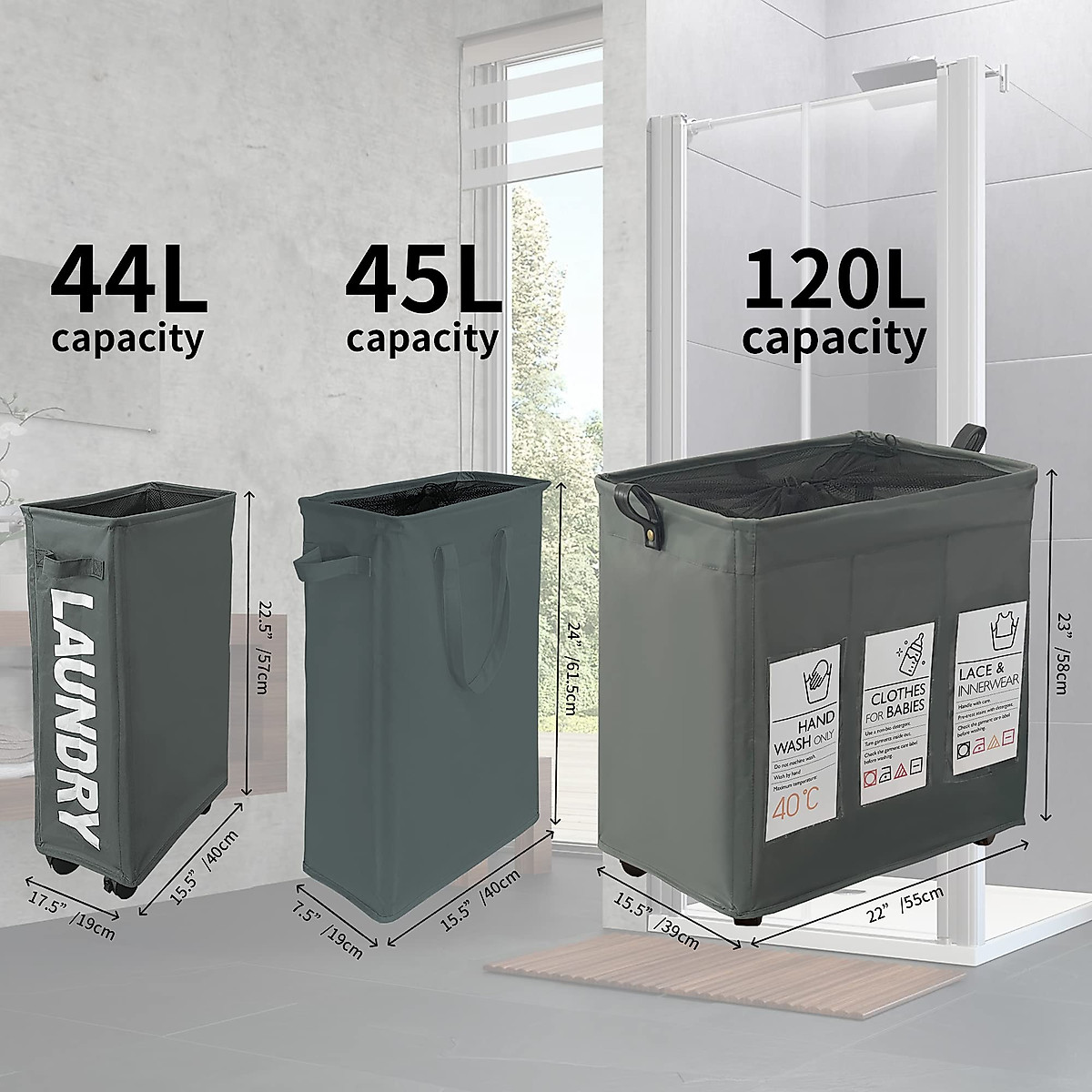 24Inch Slim Large Laundry Basket Collapsible Fabric Laundry Hamper Out Carrying Laundry Bag Tall Thin Dirty Laundry Hamper Basket Home Corner Bin（Grey）