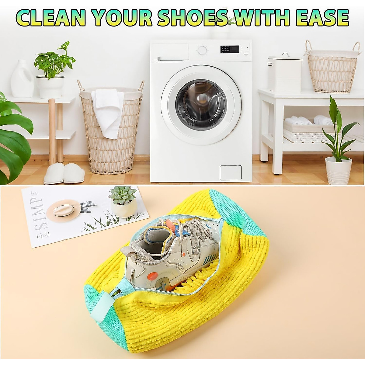 Shoe Washing Machine Bag, 2024 New Reusable Mesh Laundry Shoe Wash Bag Shoe Cleaning for All Shoes, Adjustable Shoes Laundry Bag Sneaker Washing Bag for 360° Cleaning White Shoes (Yellow)