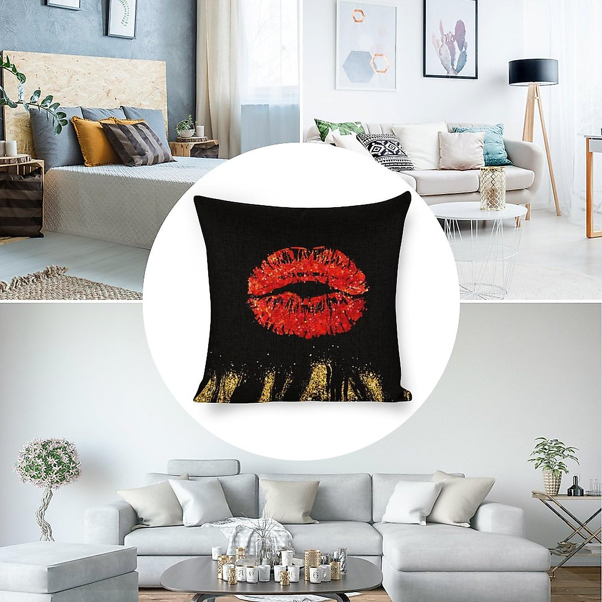 JOJOART Red Glitter Mouth Throw Pillow Covers 18×18 Pillowcases Set of 1 Sexy Kiss Lips Linen Decorative Square Pillow Case Cushion Covers Standard Size for Sofa Couch Outdoor Bed Pillow Protectors