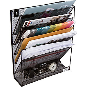 5 Pocket Wall Mounted File Hanging Organizer Metal Mesh Office Home Folder Binder Holder Magazine Mail Rack + Hardware, Black