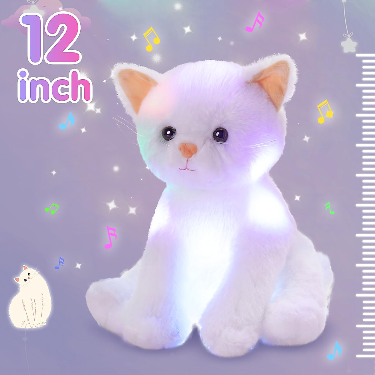 Houwsbaby 12'' White Musical Light Up Cat Stuffed Animal Kitty Plush Toy Singing LED Glowing Cat Plush Toy Christmas Festival Birthday Presents for Kids Girls Boys