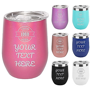 Personalized Your Text & Logo Wine Tumblers 12 oz. Laser Engraved Stainless Steel Vacuum Insulated Travel Mug with Lid, Custom Birthday Gift for Him, Her