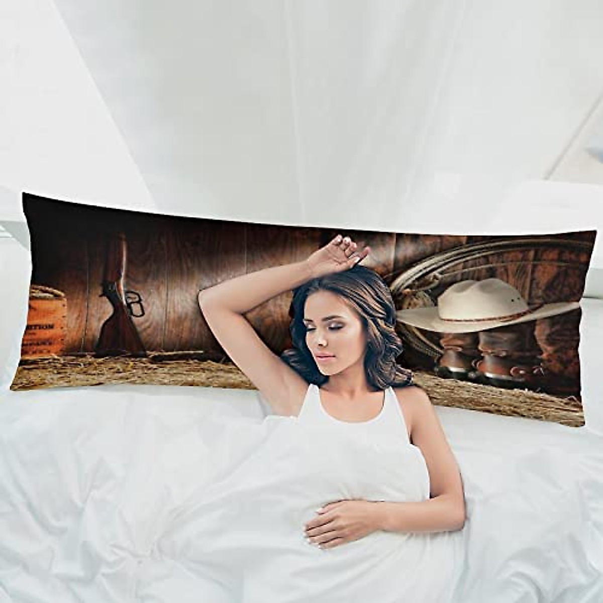 Body Pillow Cover,Western Theme Rodeo Cowboy Boots Hat Gun Lantern Printed Long Pillow Cases Protector with Zipper Decor Soft Large Covers Cushion for Beding,Couch,Sofa,Home Gift 20"x54"