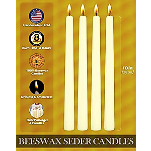 Ner Mitzvah White Beeswax Passover Seder Candles - 8 Hour Burn Time - Tall Beeswax Candles - Pack of 4 Bee Wax Taper Candles