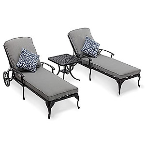 Villeston Lounge Chairs for Outside, Chaise Lounges Outdoor Pool Chair Set of 3 Cast Aluminum Patio Furniture Tanning with Gray Cushion and Pillows Recliner