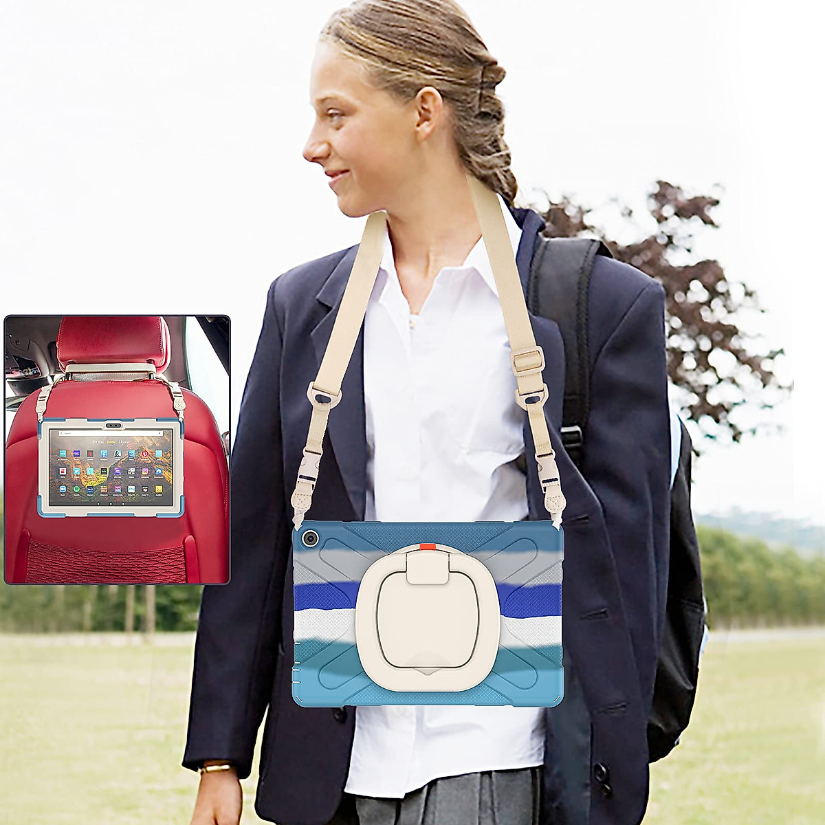 360 ° Rotation Portable Case for Fire HD 10 & HD 10 Plus Tablet（11th Generation, 2021 Release Rugged Case Rotating Stand Hand Strap Shoulder Carrying Strap Outdoor Cover (Colourful Blue)