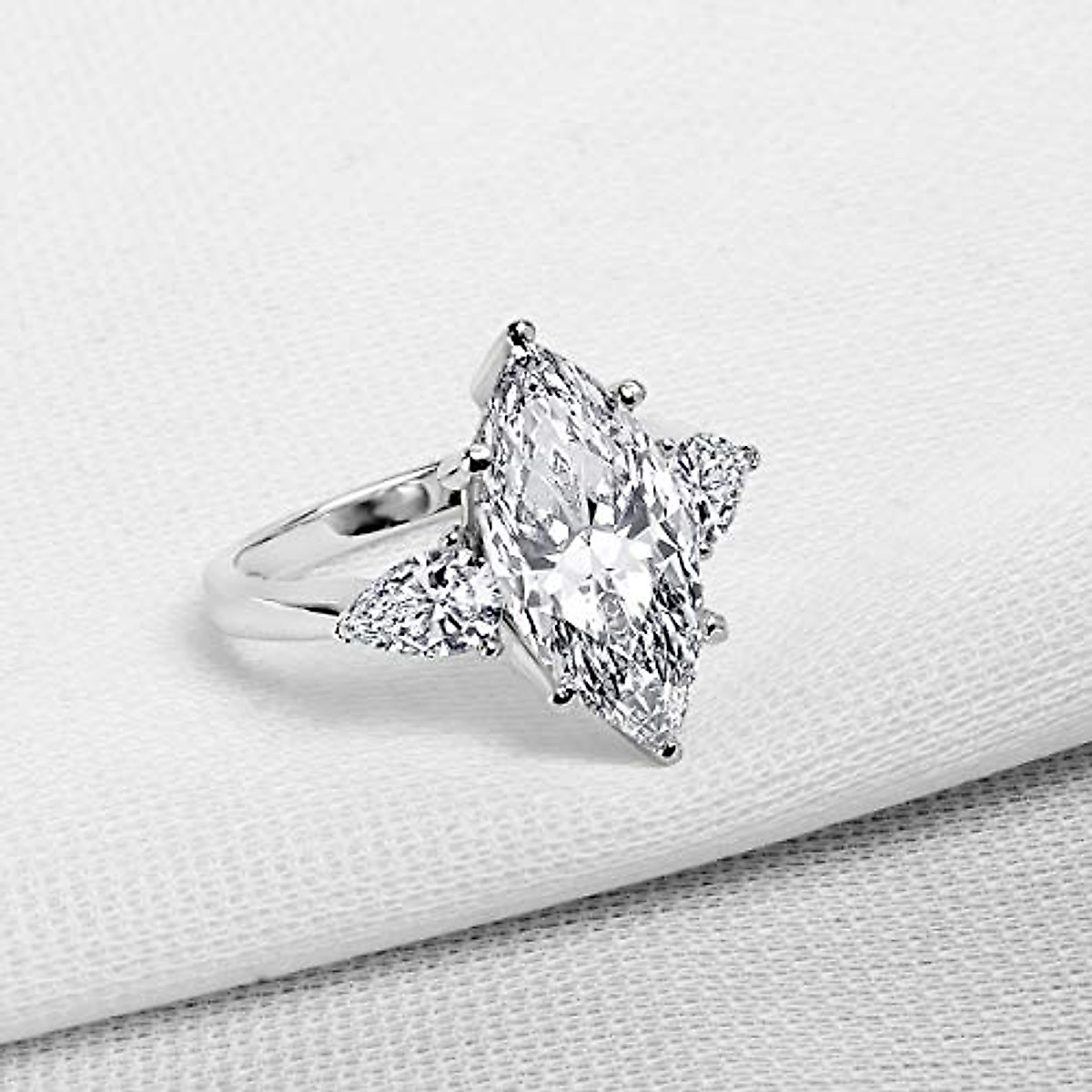 AINUOSHI Rhodium Plated 925 Sterling Silver Marquise Solitaire Cubic Zirconia CZ 3-Stone Anniversary Engagement Wedding Ring (6.5)